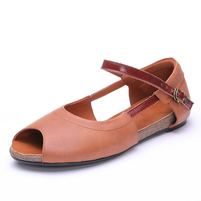 S063 Summer new leather retro handmade metal buckle fish mouth flat shallow mouth women's shoes