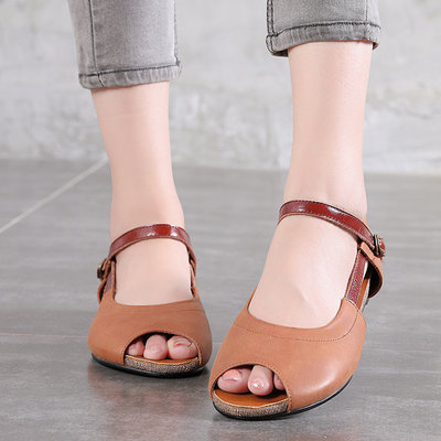 S063 Summer new leather retro handmade metal buckle fish mouth flat shallow mouth women's shoes