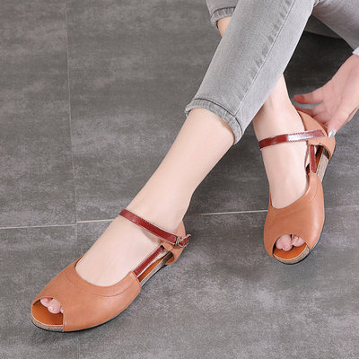 S063 Summer new leather retro handmade metal buckle fish mouth flat shallow mouth women's shoes