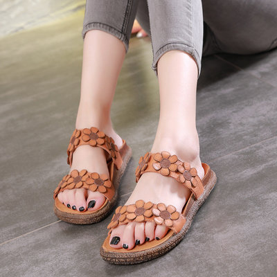 S064 Summer new products small fresh leather three-dimensional handmade flowers women's shoes flat sandals lazy shoes