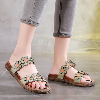 S064 Summer new products small fresh leather three-dimensional handmade flowers women's shoes flat sandals lazy shoes