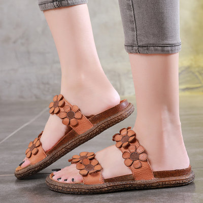 S064 Summer new products small fresh leather three-dimensional handmade flowers women's shoes flat sandals lazy shoes