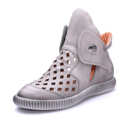 S065 Summer new leather retro handmade velcro rhombus hollow round flat women's shoes
