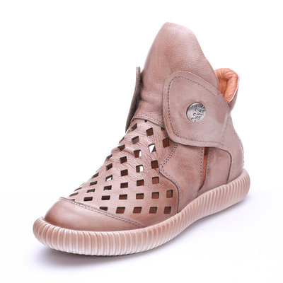 S065 Summer new leather retro handmade velcro rhombus hollow round flat women's shoes