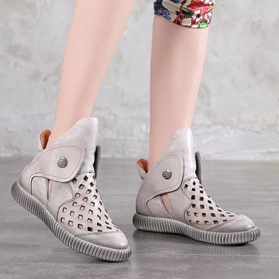 S065 Summer new leather retro handmade velcro rhombus hollow round flat women's shoes