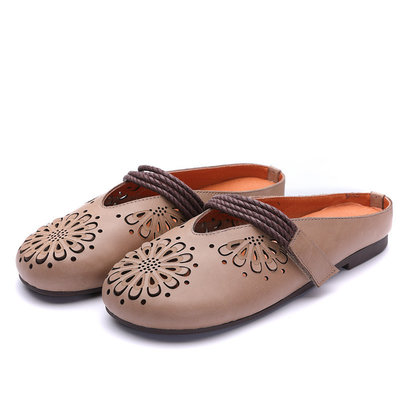 S066 Boutique retro hand-carved hollow women's shoes, leather feet, velcro, flat sandals