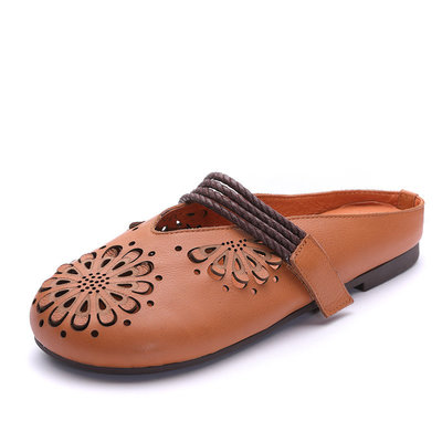 S066 Boutique retro hand-carved hollow women's shoes, leather feet, velcro, flat sandals
