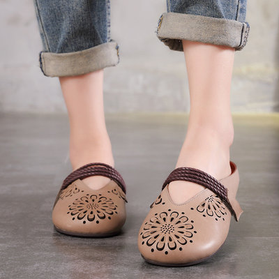 S066 Boutique retro hand-carved hollow women's shoes, leather feet, velcro, flat sandals