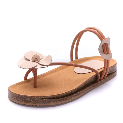 S067 Sandals women 2020 summer leather shrink buckle retro handmade three-dimensional flowers flat bottom female sandals