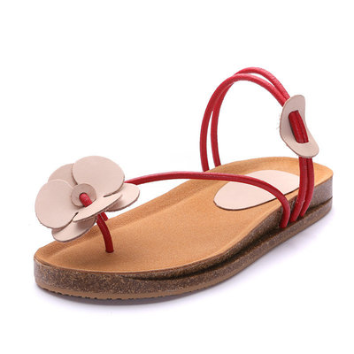 S067 Sandals women 2020 summer leather shrink buckle retro handmade three-dimensional flowers flat bottom female sandals