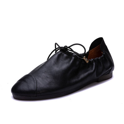 S070 Single shoes 2020 fall new shallow mouth retro handmade leather lace-up elastic flat lazy shoes