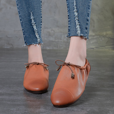 S070 Single shoes 2020 fall new shallow mouth retro handmade leather lace-up elastic flat lazy shoes