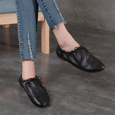 S070 Single shoes 2020 fall new shallow mouth retro handmade leather lace-up elastic flat lazy shoes