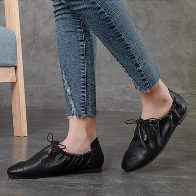 S070 Single shoes 2020 fall new shallow mouth retro handmade leather lace-up elastic flat lazy shoes