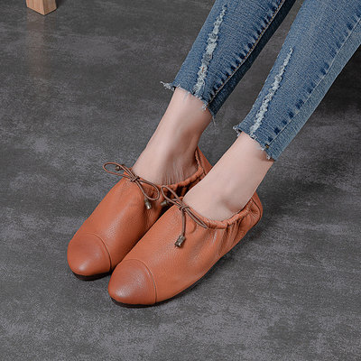S070 Single shoes 2020 fall new shallow mouth retro handmade leather lace-up elastic flat lazy shoes