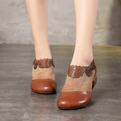 S071 2020 autumn women's shoes single shoes retro handmade hollow carved leather wedge stitching zipper women's shoes
