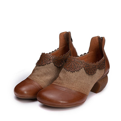 S071 2020 autumn women's shoes single shoes retro handmade hollow carved leather wedge stitching zipper women's shoes