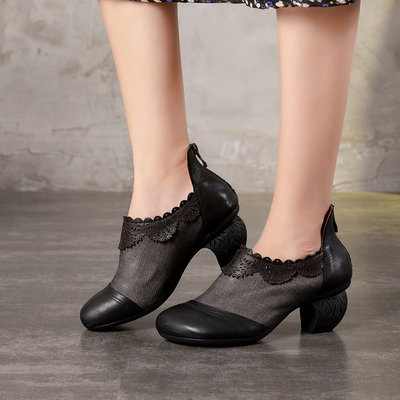 S071 2020 autumn women's shoes single shoes retro handmade hollow carved leather wedge stitching zipper women's shoes