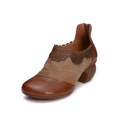 S071 2020 autumn women's shoes single shoes retro handmade hollow carved leather wedge stitching zipper women's shoes