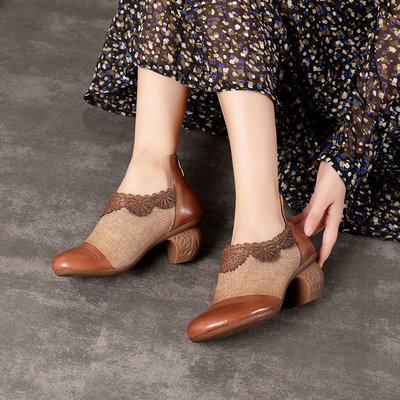S071 2020 autumn women's shoes single shoes retro handmade hollow carved leather wedge stitching zipper women's shoes