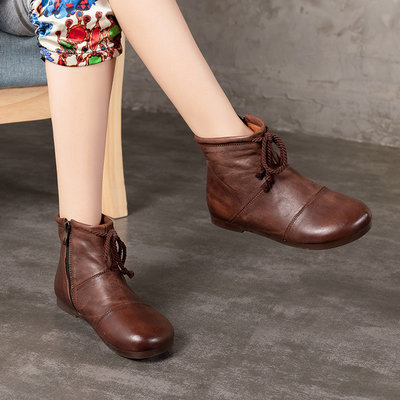 S072 Autumn and winter new Martin boots women retro handmade leather stitching lace flat zipper women boots