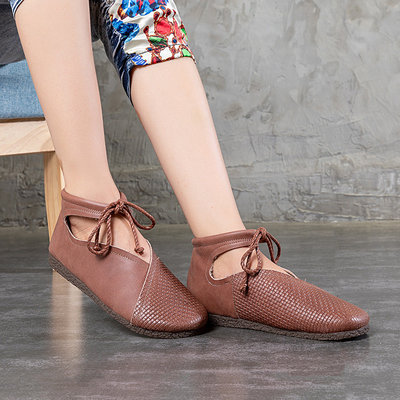 S073 Autumn new style retro handmade flat women's single shoes leather shallow mouth hollow lace lazy women's shoes