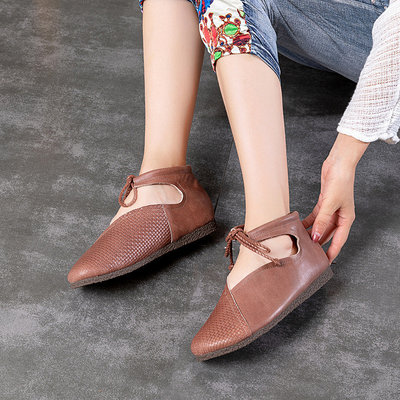 S073 Autumn new style retro handmade flat women's single shoes leather shallow mouth hollow lace lazy women's shoes