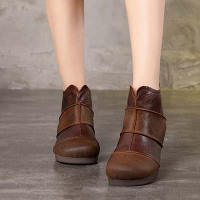 S074 Autumn and winter new female short boots retro handmade leather leather stitching flat zipper women's boots