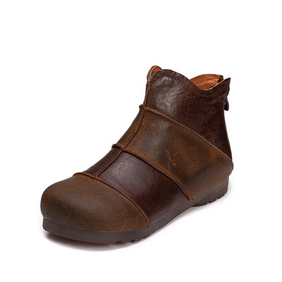 S074 Autumn and winter new female short boots retro handmade leather leather stitching flat zipper women's boots