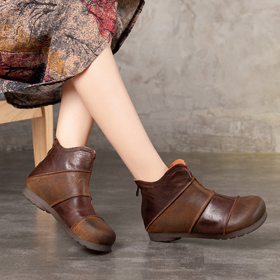 S074 Autumn and winter new female short boots retro handmade leather leather stitching flat zipper women's boots