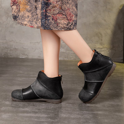 S074 Autumn and winter new female short boots retro handmade leather leather stitching flat zipper women's boots