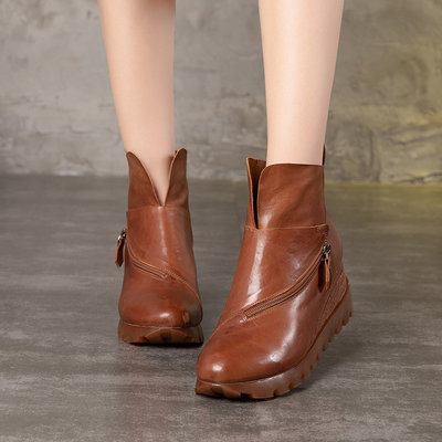S077 Women's high heels retro handmade leather fashion wedge zipper single shoes