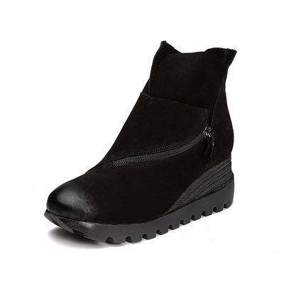 S077 Women's high heels retro handmade leather fashion wedge zipper single shoes