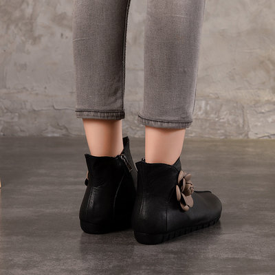 S078 New fashion boots women retro handmade leather zipper three-dimensional flowers flat women's short boots