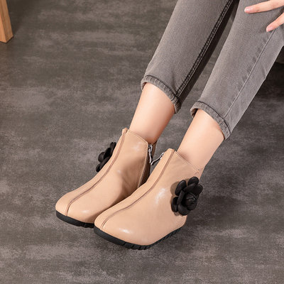 S078 New fashion boots women retro handmade leather zipper three-dimensional flowers flat women's short boots