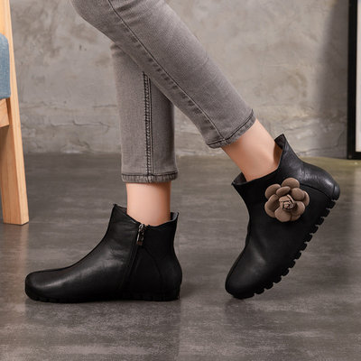S078 New fashion boots women retro handmade leather zipper three-dimensional flowers flat women's short boots