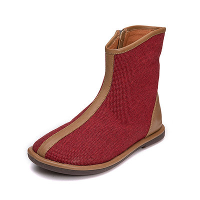 S080 New women's short boots retro handmade leather linen fashion flat bottom mid-cut women's boots
