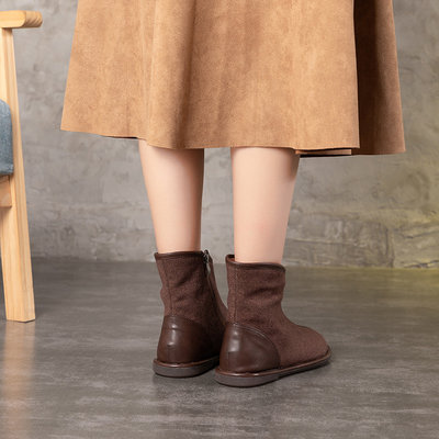 S080 New women's short boots retro handmade leather linen fashion flat bottom mid-cut women's boots