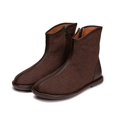 S080 New women's short boots retro handmade leather linen fashion flat bottom mid-cut women's boots