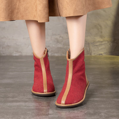 S080 New women's short boots retro handmade leather linen fashion flat bottom mid-cut women's boots