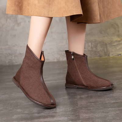 S080 New women's short boots retro handmade leather linen fashion flat bottom mid-cut women's boots