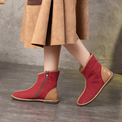 S080 New women's short boots retro handmade leather linen fashion flat bottom mid-cut women's boots