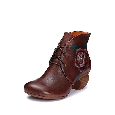 S081 2020 autumn and winter new wedge heel women's shoes retro handmade leather embossed lace-up fashion short boots wom