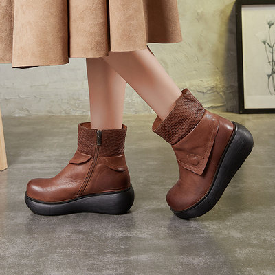 S082 Autumn and winter new women's shoes retro handmade leather fashion stitching in tube thick-soled short boots women