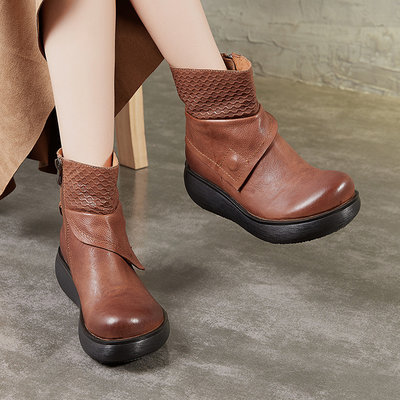 S082 Autumn and winter new women's shoes retro handmade leather fashion stitching in tube thick-soled short boots women