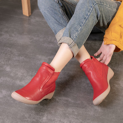 S083 New small leather shoes women retro casual handmade leather + knitted stitching wedge heel women's shoes