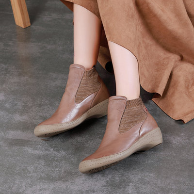 S083 New small leather shoes women retro casual handmade leather + knitted stitching wedge heel women's shoes
