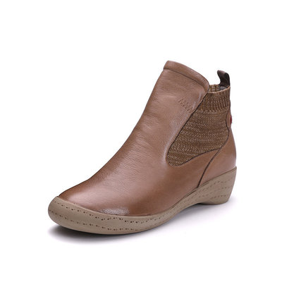 S083 New small leather shoes women retro casual handmade leather + knitted stitching wedge heel women's shoes