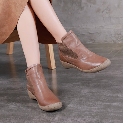 S083 New small leather shoes women retro casual handmade leather + knitted stitching wedge heel women's shoes