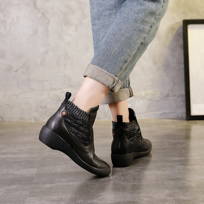 S083 New small leather shoes women retro casual handmade leather + knitted stitching wedge heel women's shoes